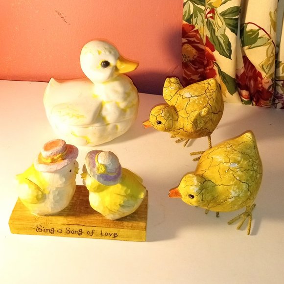 Accents | 2 Yellow Chicks 1 Duck Ceramic Trinket A 1 Wooden And Ceramic ...